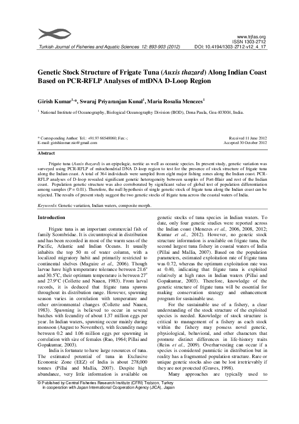 (PDF) Genetic Stock Structure of Frigate Tuna (Auxis thazard) Along ...