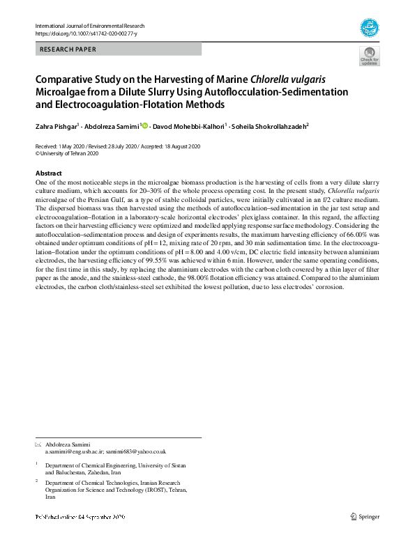 (PDF) Comparative Study on the Harvesting of Marine Chlorella vulgaris Microalgae from a Dilute ...