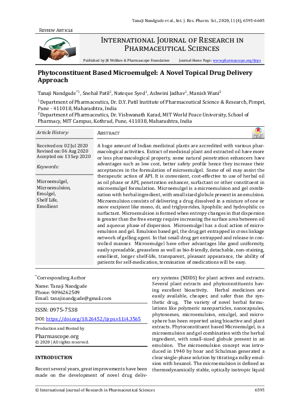 (PDF) Phytoconstituent Based Microemulgel: A Novel Topical Drug Delivery Approach