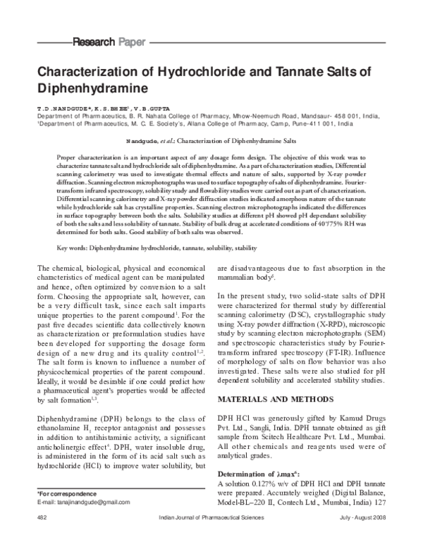 (PDF) Characterization of hydrochloride and tannate salts of ...