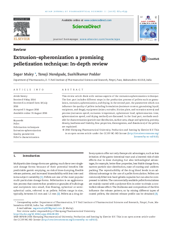 (PDF) Extrusion–spheronization a promising pelletization technique: In ...