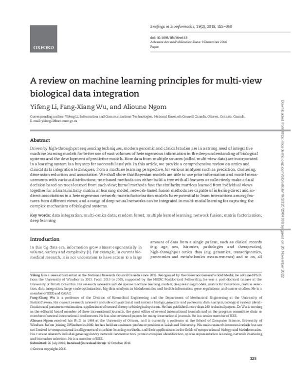 (PDF) A review on machine learning principles for multi-view biological data integration