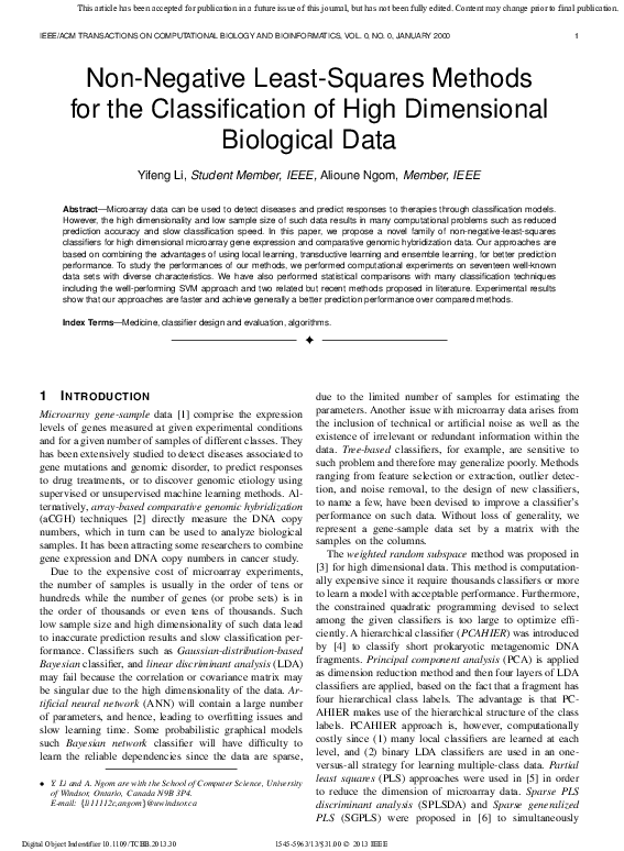 (PDF) Nonnegative Least-Squares Methods for the Classification of High ...