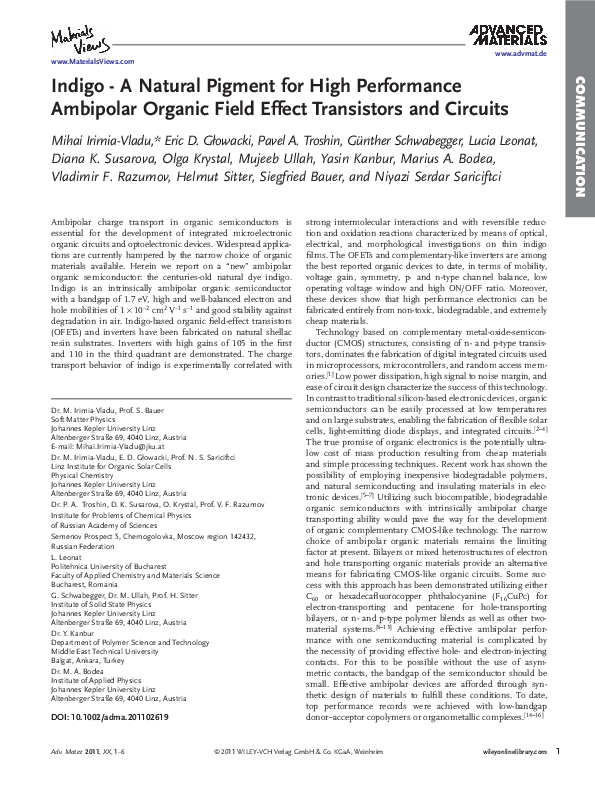 (PDF) Indigo - A Natural Pigment for High Performance Ambipolar Organic ...