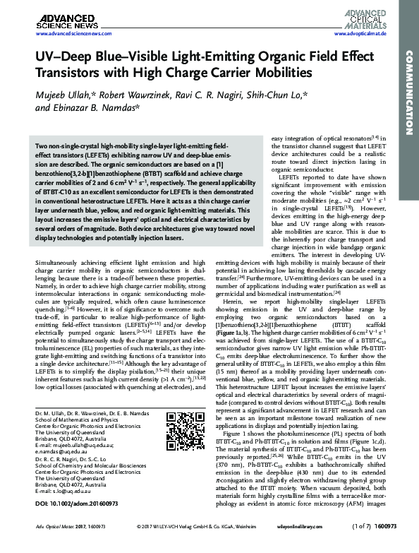 (PDF) UV–Deep Blue–Visible Light‐Emitting Organic Field Effect ...