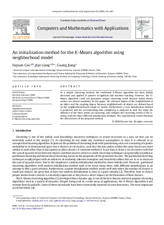 (PDF) An initialization method for the K-Means algorithm using neighborhood model