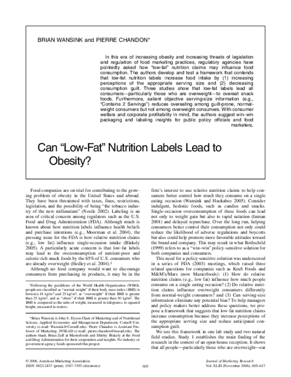 (PDF) Can “Low-Fat” Nutrition Labels Lead to Obesity?