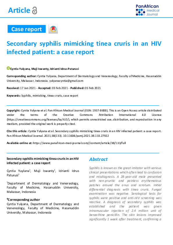 (PDF) Secondary syphilis mimicking tinea cruris in an HIV infected ...