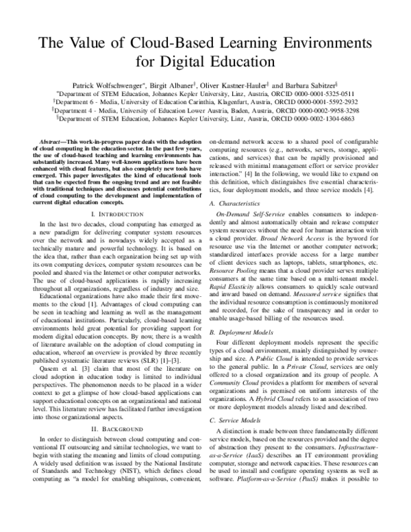 (PDF) The Value of Cloud-Based Learning Environments for Digital Education