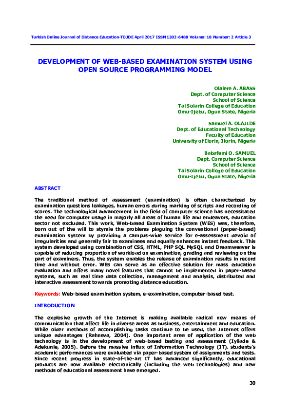 Pdf Development Of Web Based Examination System Using Open Source Programming Model Olajide