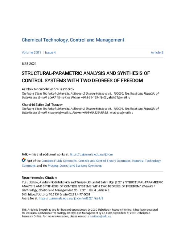 (PDF) Structural-Parametric Analysis and Synthesis of Control Systems with Two Degrees of Freedom