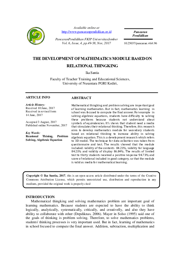 (PDF) The Development Of Mathematics Module Based On Relational Thingking