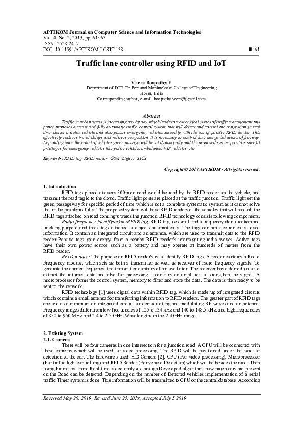 (PDF) Traffic lane controller using RFID and IoT