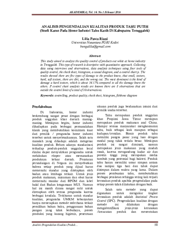 (PDF) ANALISIS PENGENDALIAN KUALITAS PRODUK TAHU PUTIH (Studi Kasus ...