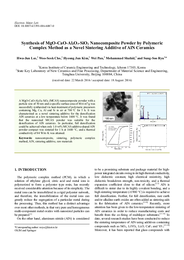 (PDF) Synthesis of MgO-CaO-Al2O3-SiO2 nanocomposite powder by polymeric complex method as a ...