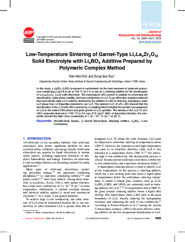 (PDF) Low-Temperature Sintering of Garnet-Type Li7La3Zr2O12 Solid ...