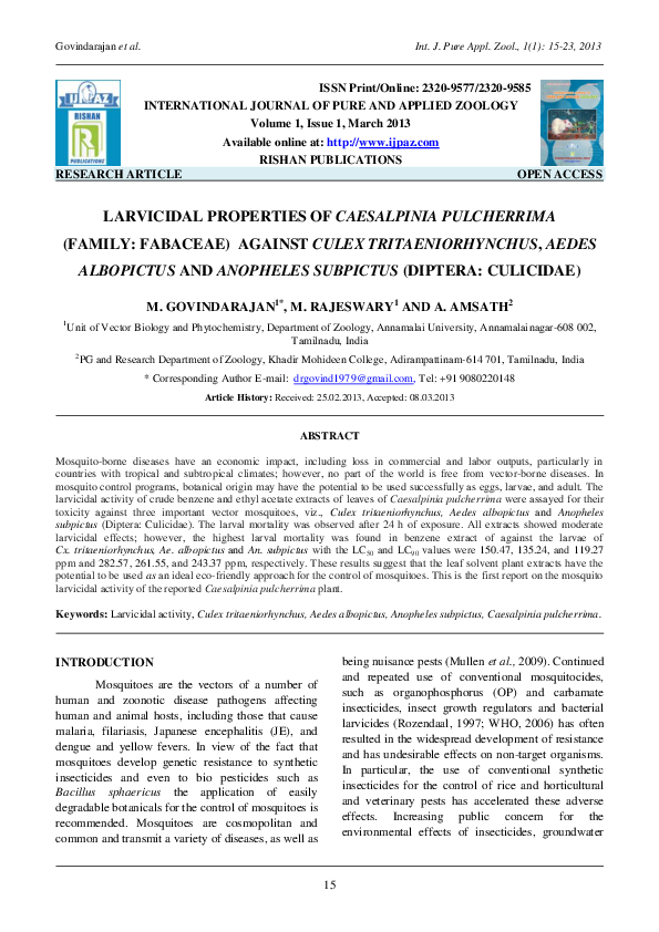 (PDF) Larvicidal Properties of Caesalpinia Pulcherrima (Family ...