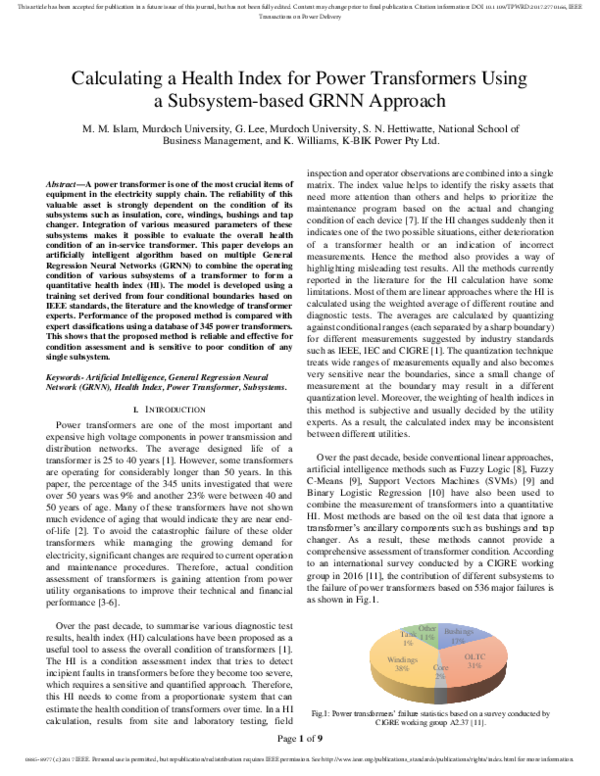 (PDF) Calculating a Health Index for Power Transformers Using a Subsystem-Based GRNN Approach