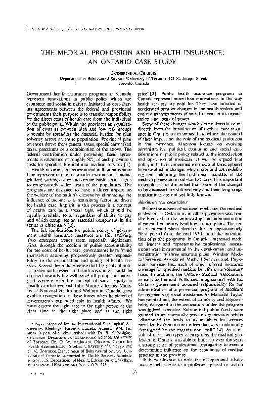 (PDF) The medical profession and health insurance: An Ontario case study