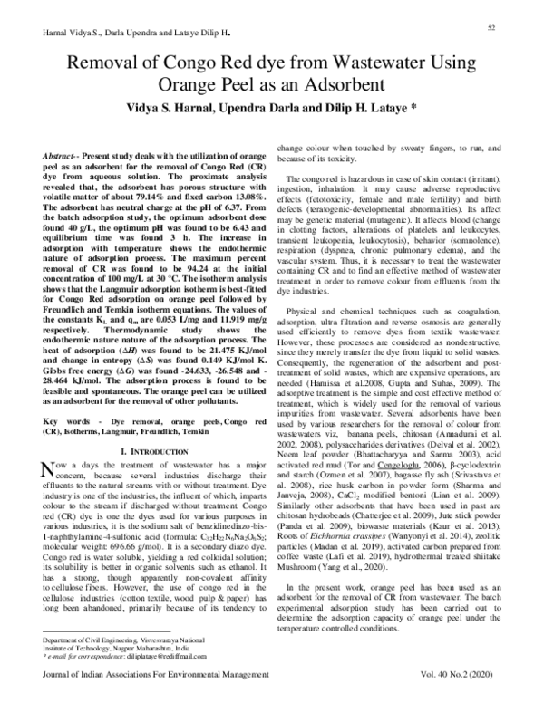 (PDF) Removal of Congo Red dye from Wastewater Using Orange Peel as an ...