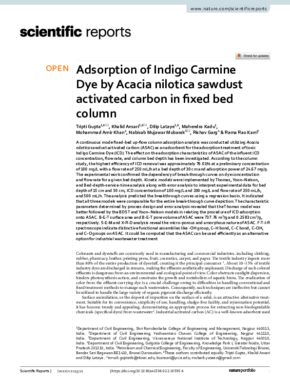 (PDF) Adsorption of Indigo Carmine Dye by Acacia nilotica sawdust activated carbon in fixed bed ...