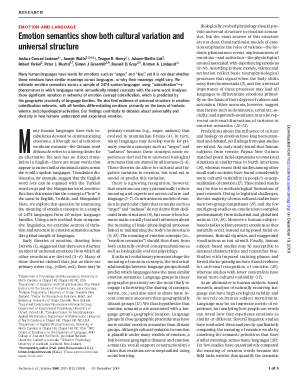 (PDF) Emotion semantics show both cultural variation and universal ...