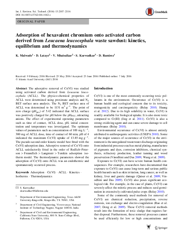 Pdf Adsorption Of Hexavalent Chromium Onto Activated Carbon Derived From Leucaena Leucocephala