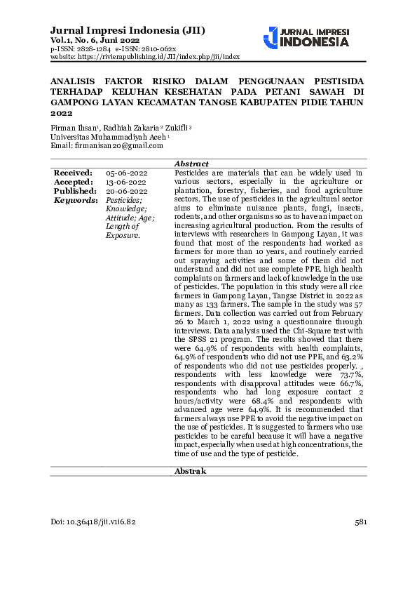 (PDF) Analisis Faktor Risiko Dalam Penggunaan Pestisida Terhadap Keluhan Kesehatan Pada Petani ...
