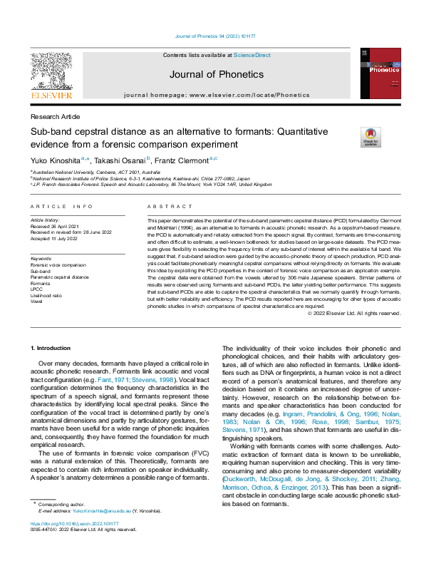 (PDF) Sub-band cepstral distance as an alternative to formants ...