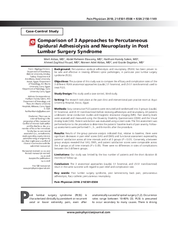 (PDF) Comparison of 3 Approaches to Percutaneous Epidural Adhesiolysis ...