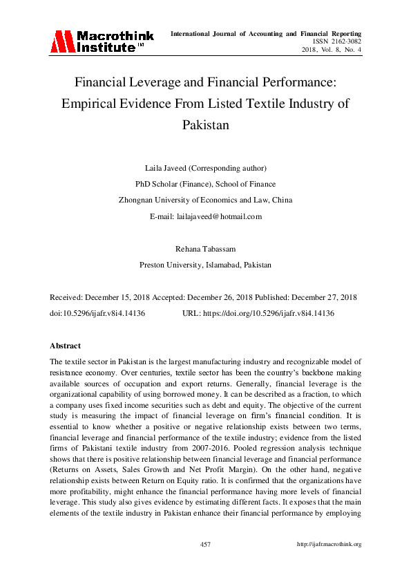 (PDF) Financial Leverage and Financial Performance: Empirical Evidence From Listed Textile ...