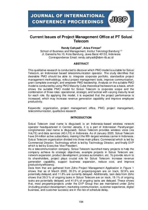 (PDF) Current Issues of Project Management Office at PT Solusi Telecom