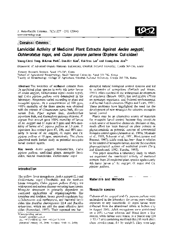 (PDF) Larvicidal Activity of Medicinal Plant Extracts Against Aedes aegypti, Ochlerotatus togoi ...