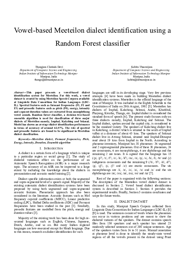 Pdf Vowel Based Meeteilon Dialect Identification Using A Random Forest Classifier