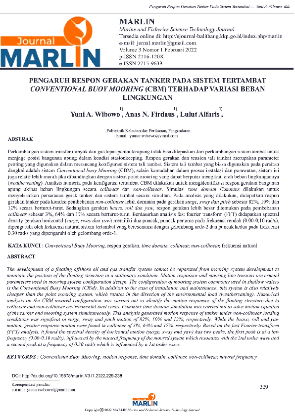 Pengaruh Respon Gerakan Tanker Pada Sistem Tertambat Conventional Buoy ...