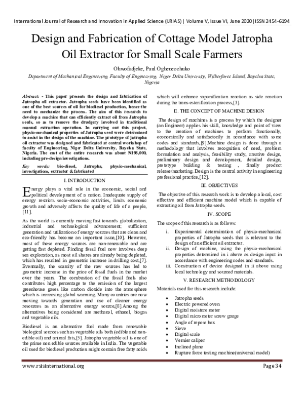(PDF) Design and Fabrication of Cottage Model Jatropha Oil Extractor ...