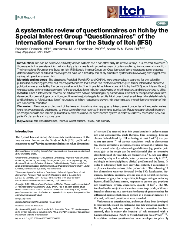 (PDF) A systematic review of questionnaires on itch by the Special ...