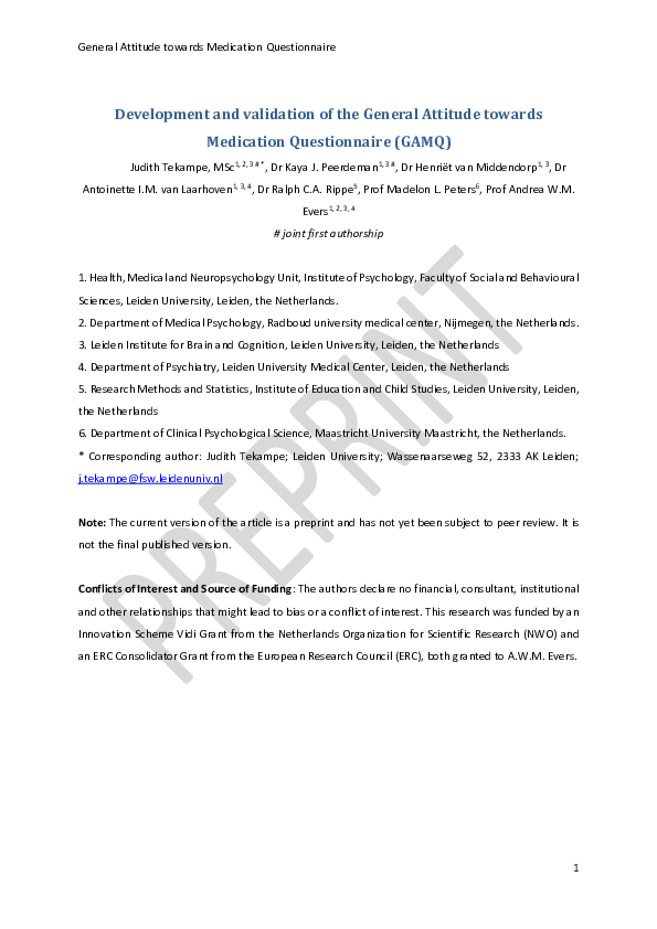 (PDF) Development and validation of the General Attitude towards Medication Questionnaire (GAMQ ...