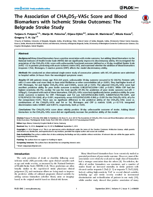 (PDF) The association of CHA2DS2-VASc score and blood biomarkers with ischemic stroke outcomes ...