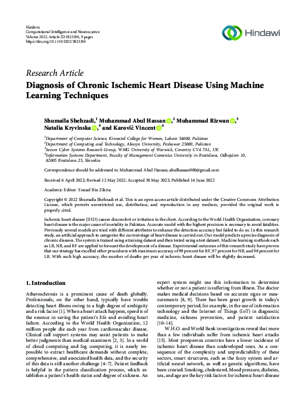 (PDF) Diagnosis of Chronic Ischemic Heart Disease Using Machine Learning Techniques