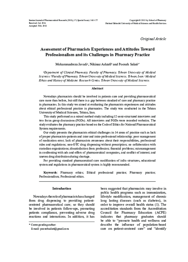 (PDF) Assessment of Pharmacists Experiences and Attitudes Toward ...