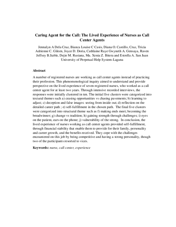 (PDF) Caring Agent for the Call: The Lived Experience of Nurses as Call ...