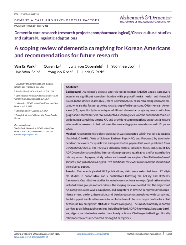 (PDF) A scoping review of dementia caregiving for Korean Americans and ...