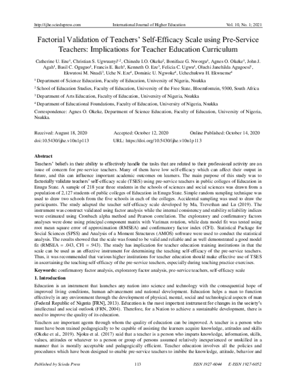 (PDF) Factorial Validation of Teachers’ Self-Efficacy Scale using Pre-Service Teachers ...