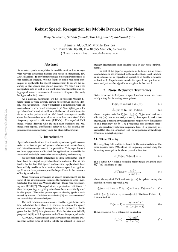 (PDF) Robust speech recognition for mobile devices in car noise