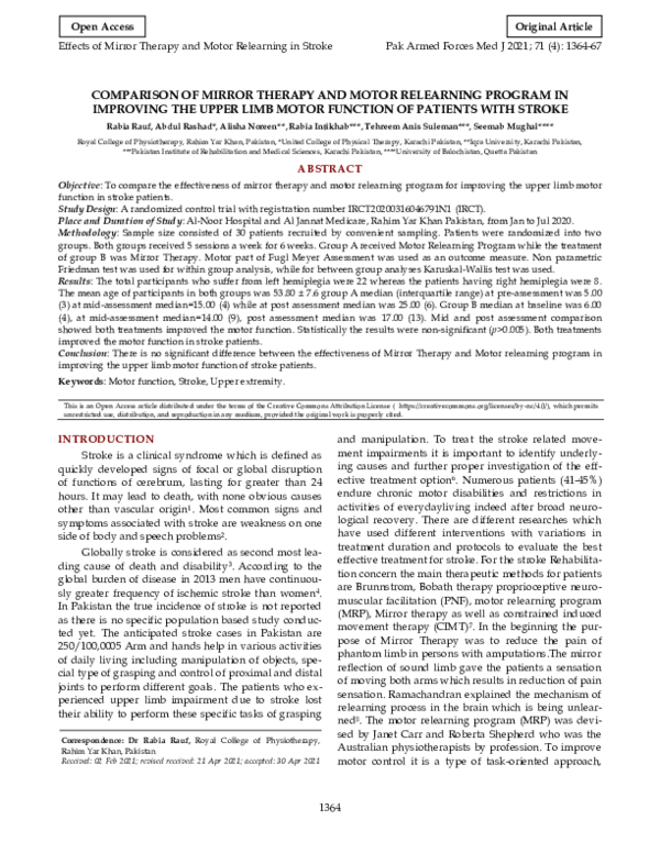(PDF) Comparison of Mirror Therapy and Motor Relearning Program in Improving the Upper Limb ...