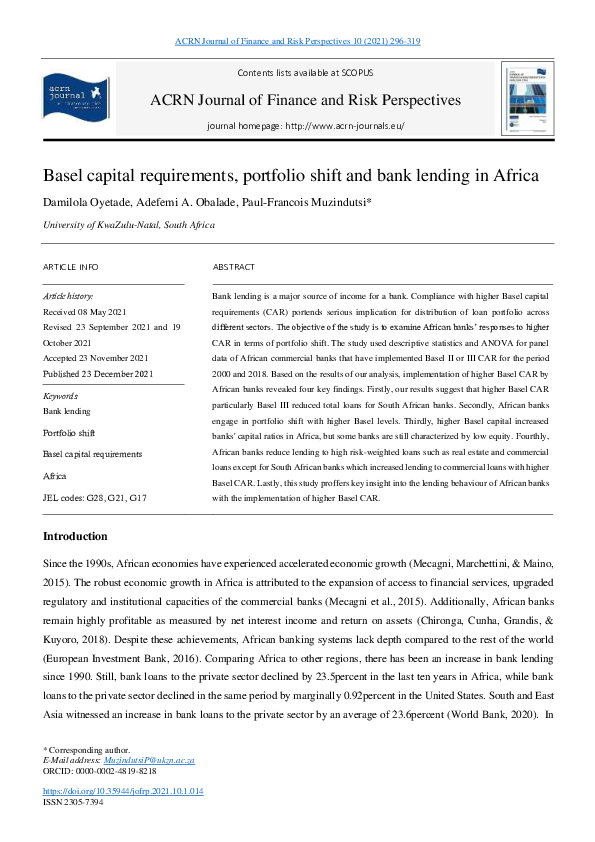 (PDF) Basel capital requirements, portfolio shift and bank lending in Africa