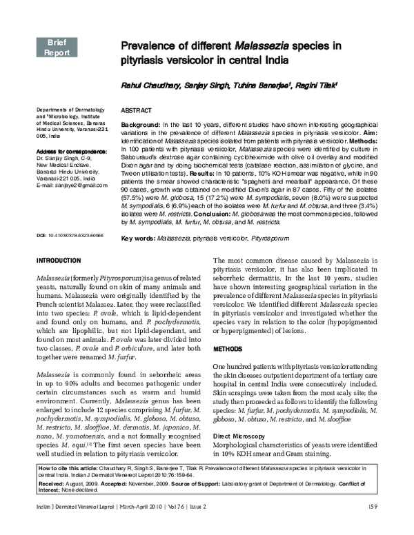 (PDF) Prevalence of differentMalasseziaspecies in pityriasis versicolor ...