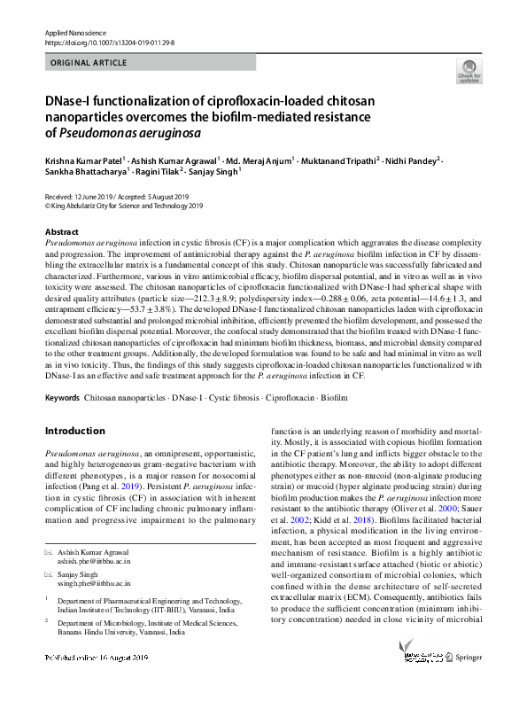 (PDF) DNase-I functionalization of ciprofloxacin-loaded chitosan nanoparticles overcomes the ...