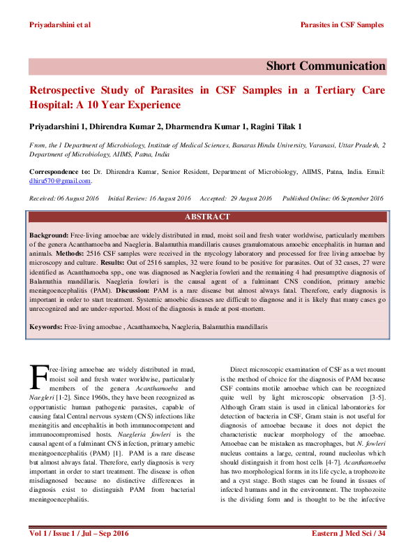 (PDF) Retrospective Study of Parasites in CSF Samples in a Tertiary ...